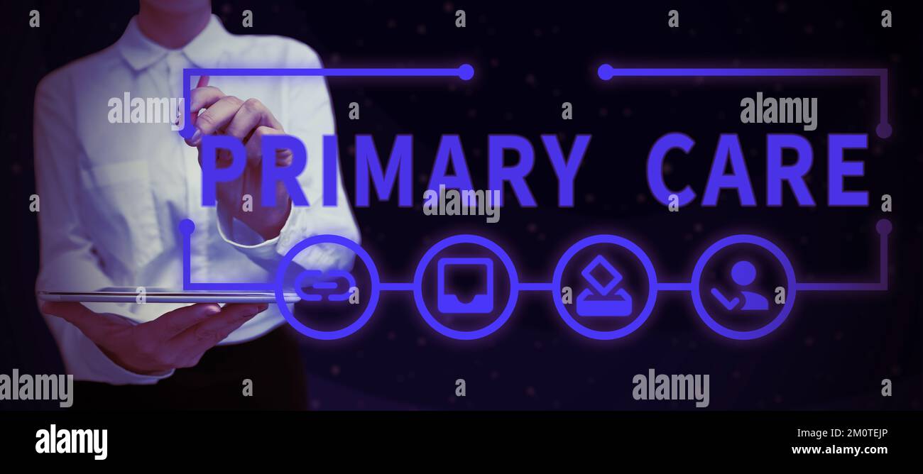 Sign displaying Primary Care. Word for health care provided by medical ...