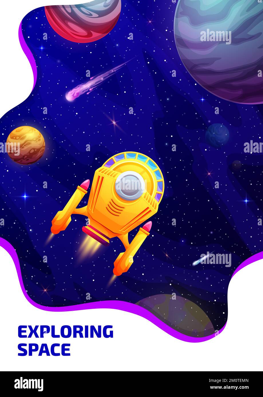 Starship in starry galaxy. Space explore poster. Vector futuristic ...