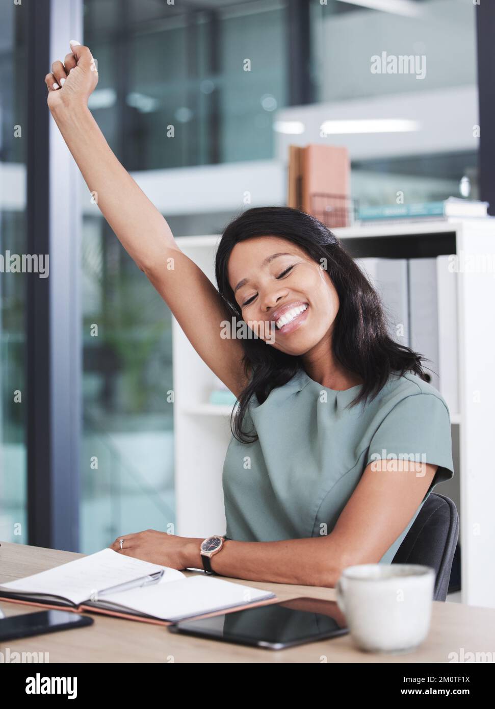 Startup, success or black woman with notebook for winner in business ...