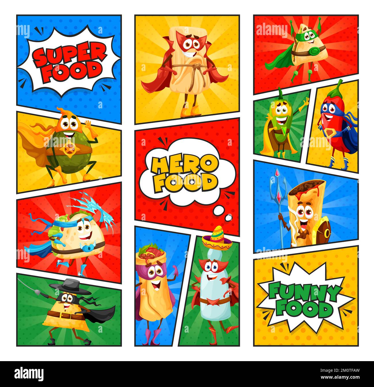 Retro comics cartoon mexican food superhero and defender characters ...