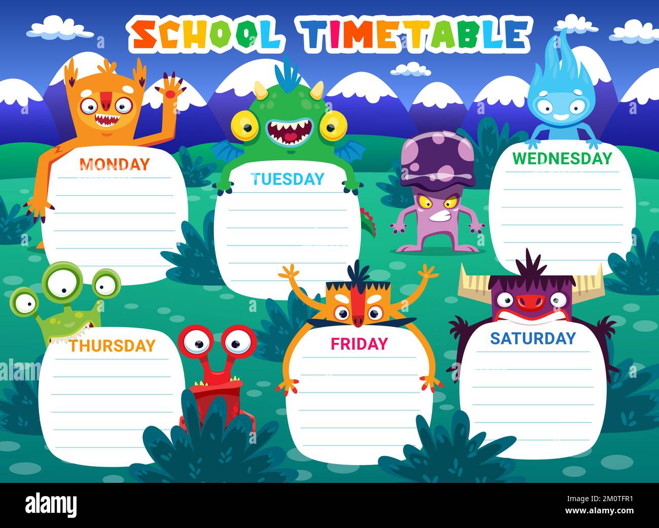 Education timetable schedule monster characters. Vector school weekly ...