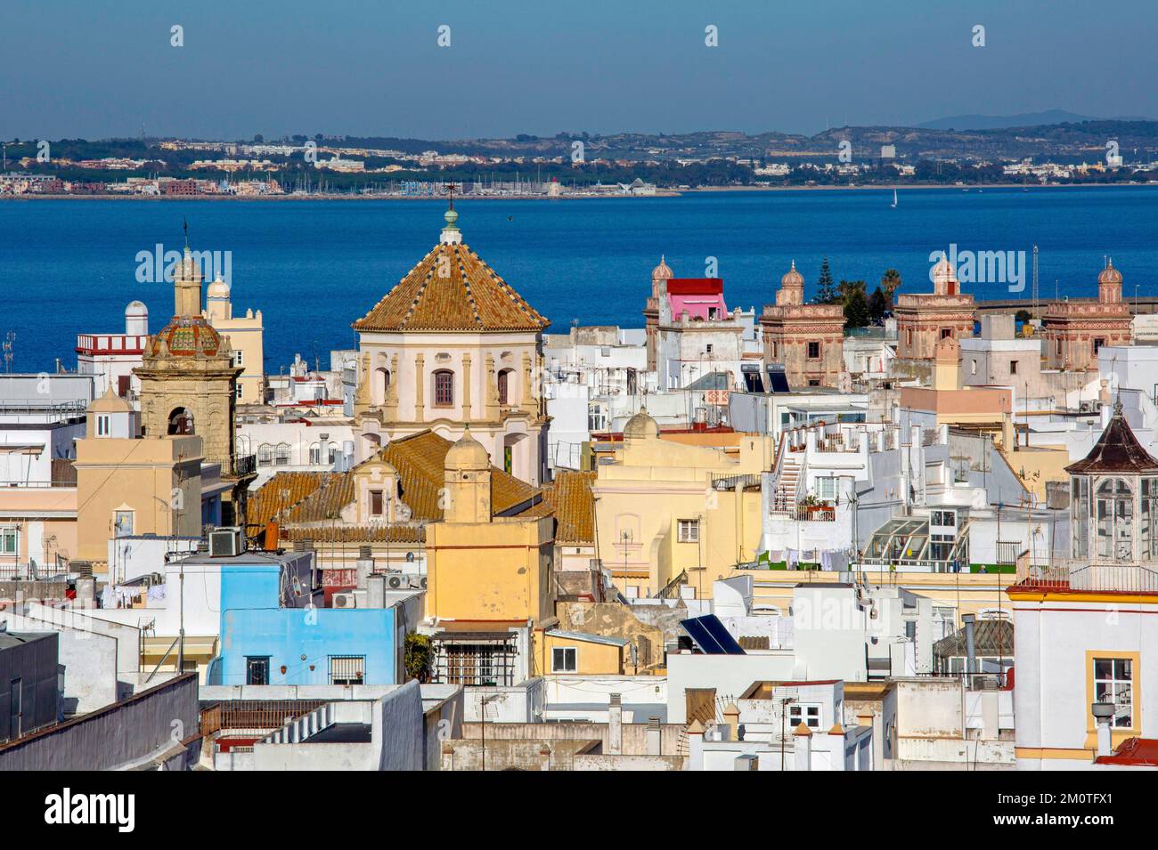 Spain, Andalusia, Cadiz, roofs of the old town from which church ...