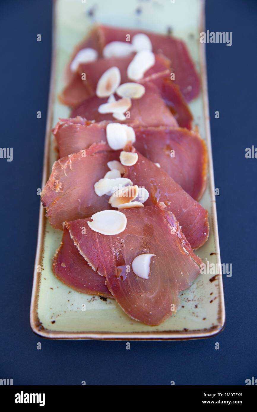 Spain, Andalusia, C?diz, plate of tuna mojama, a tuna salted dish ...