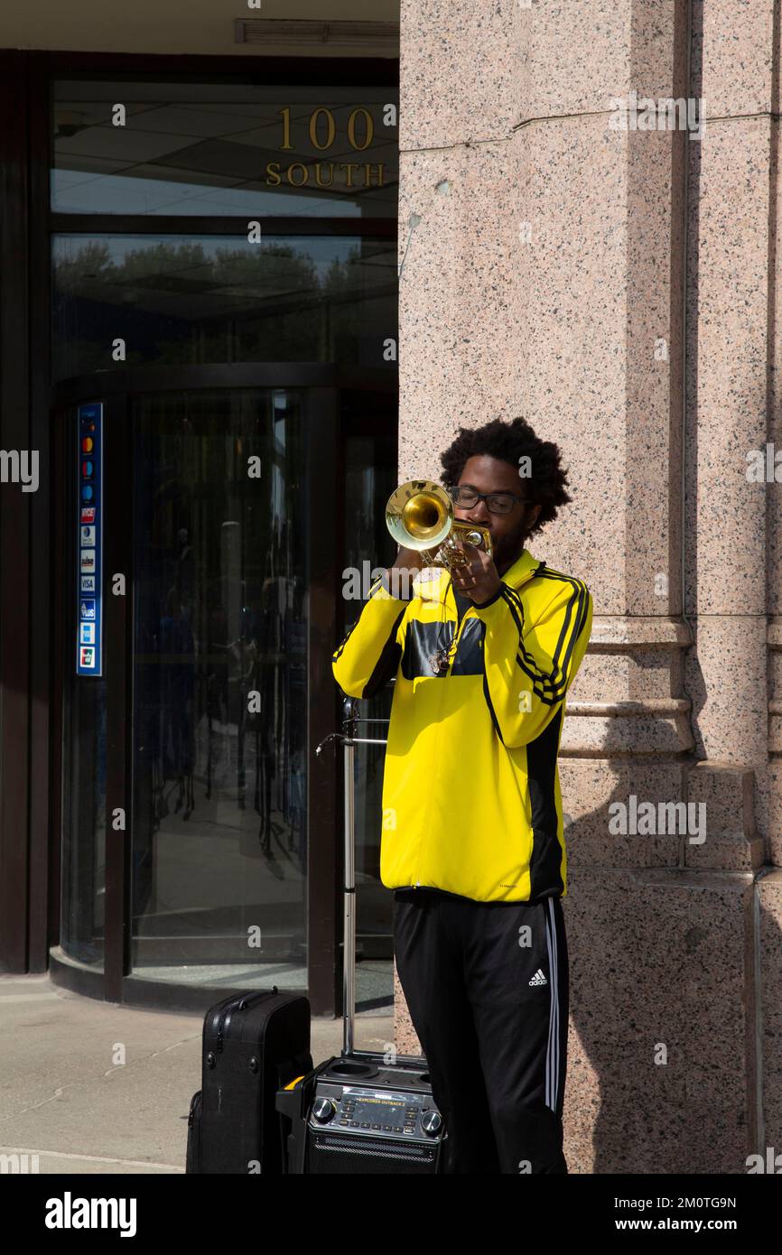 United States, Illinois, Chicago, The Loop, trumpet player on Michigan ...