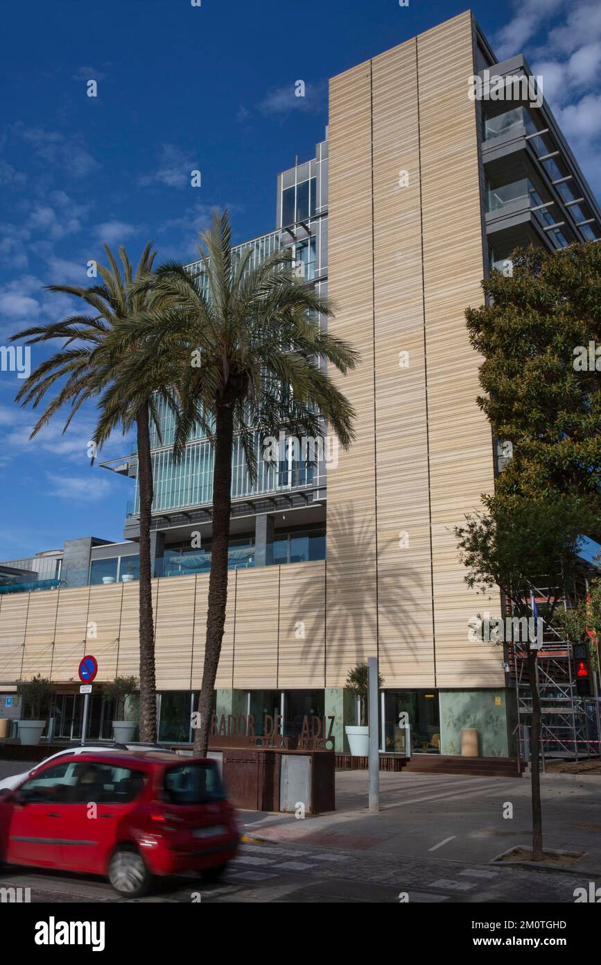 Spain, Andalusia, Cadix, parador de Cadix, red car passing in front of ...