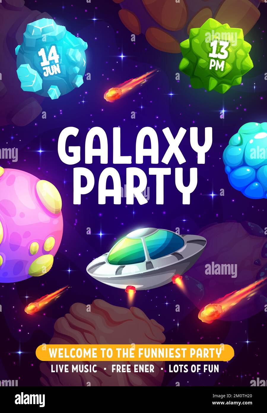 Galaxy party flyer. Cartoon UFO saucer on space landscape, planets and ...