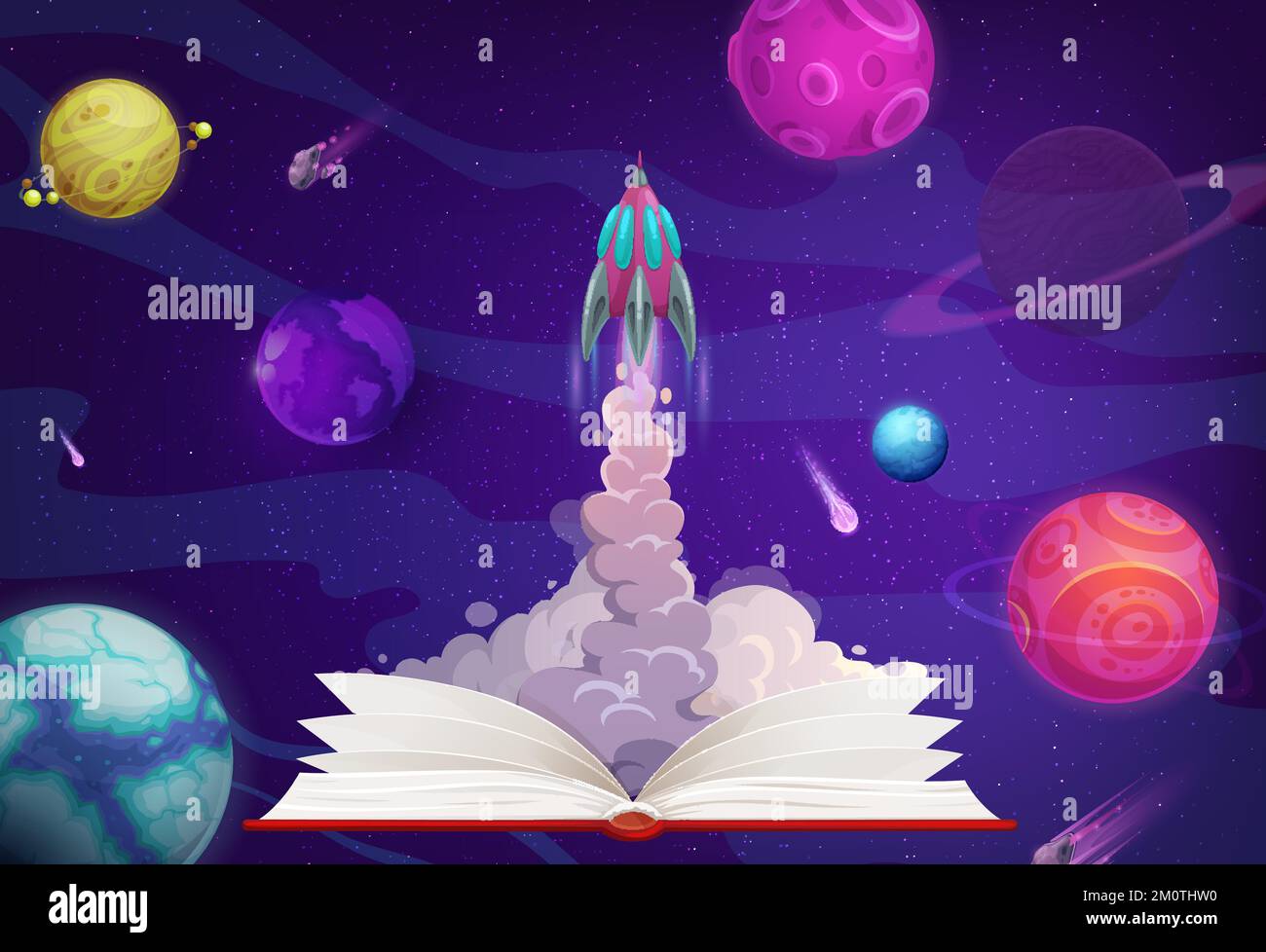Cartoon space planets, rocket launch from opened book, vector concept ...