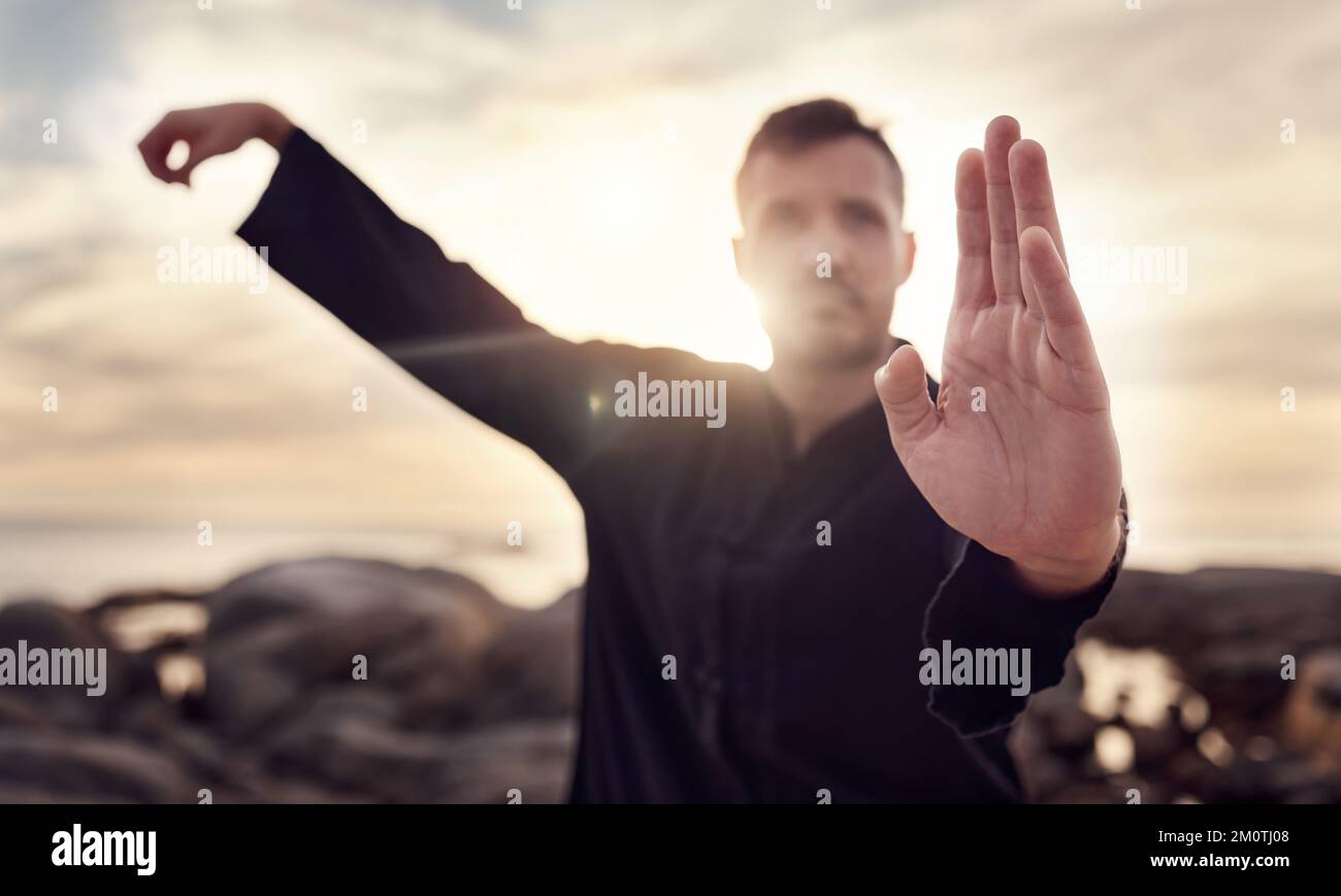 Fitness, karate or man in nature training his body in a relaxing zen ...