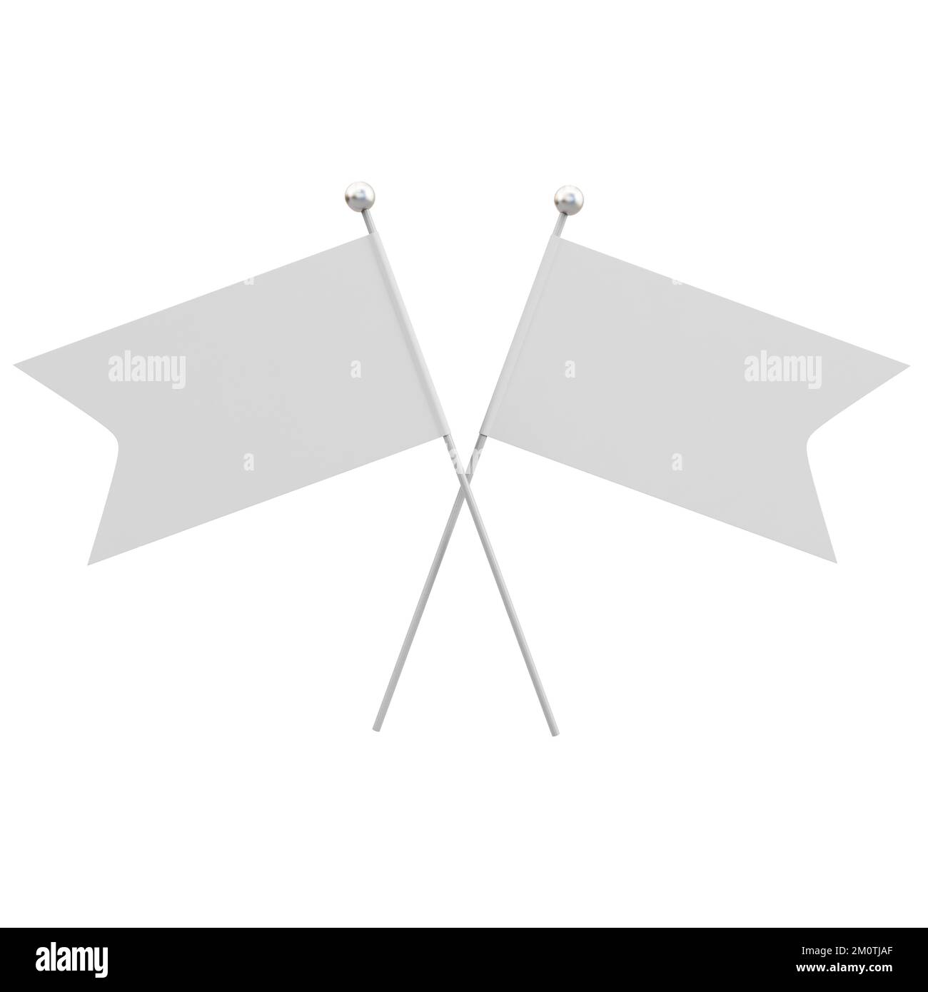 Two crossed white blank flags isolated on white background. 3d ...
