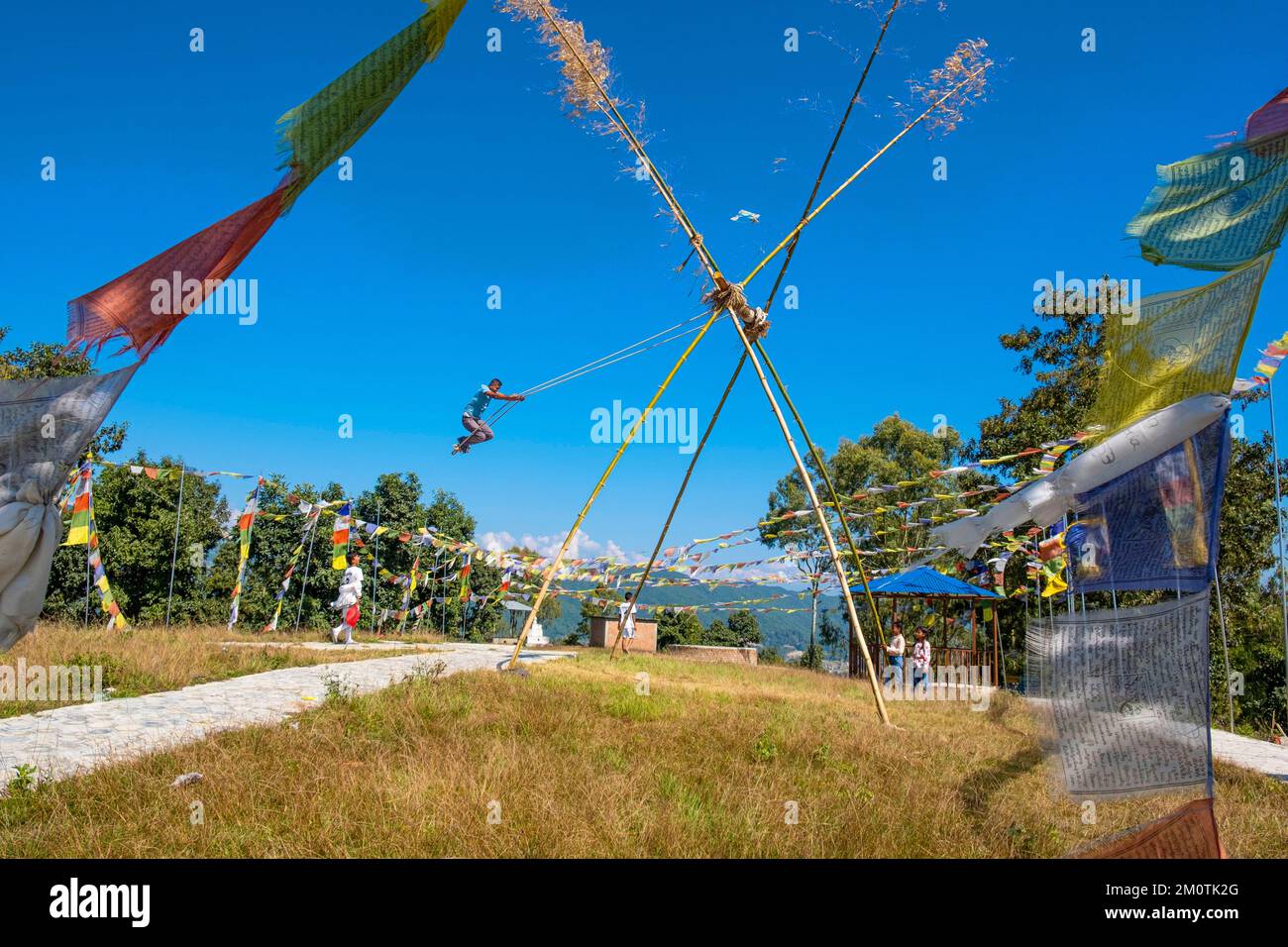 Nepal, Kathmandu valley, surroundings of Changu Narayan, bamboo swing ...