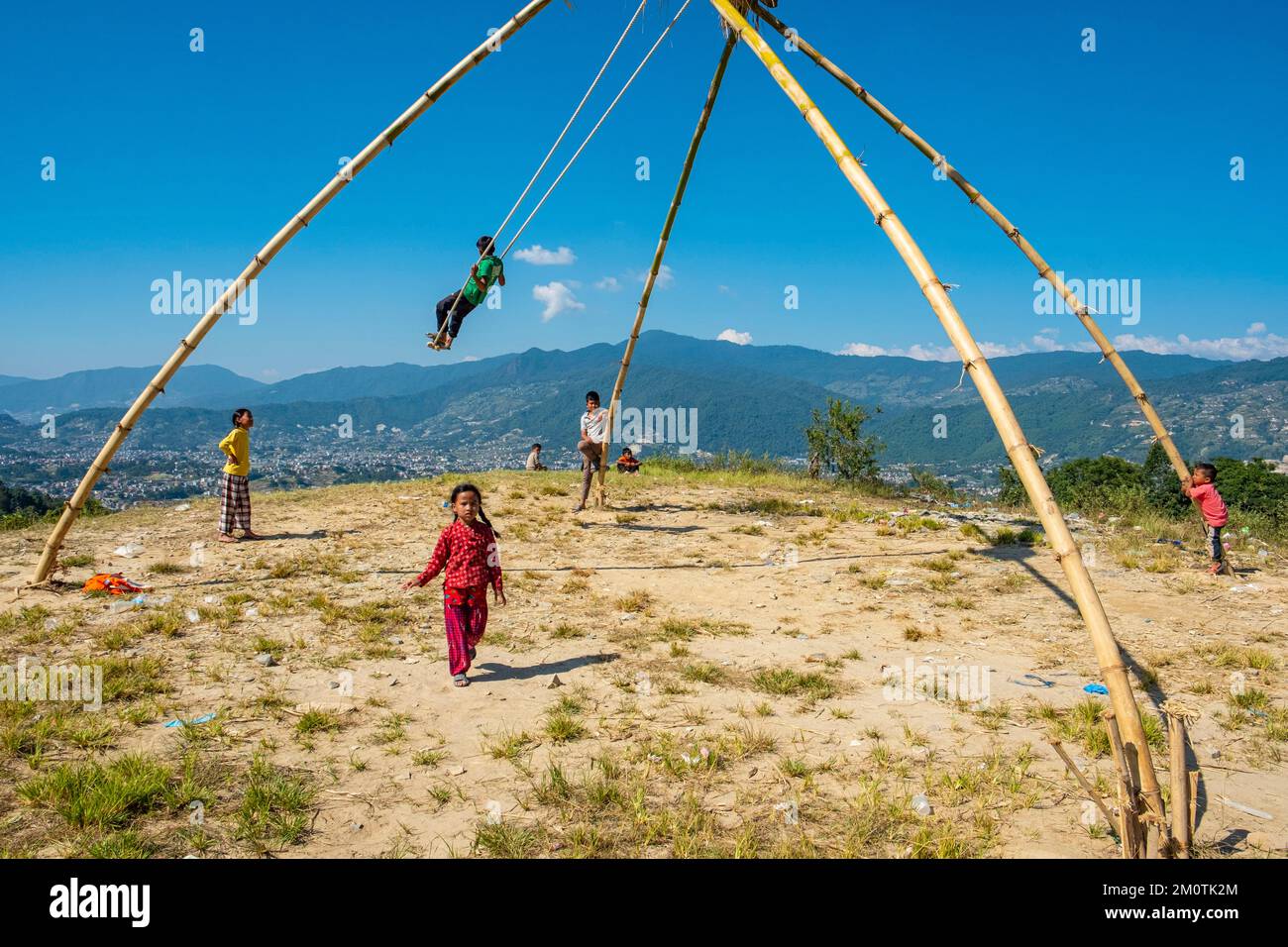 Nepal, Kathmandu valley, surroundings of Changu Narayan, bamboo swing ...