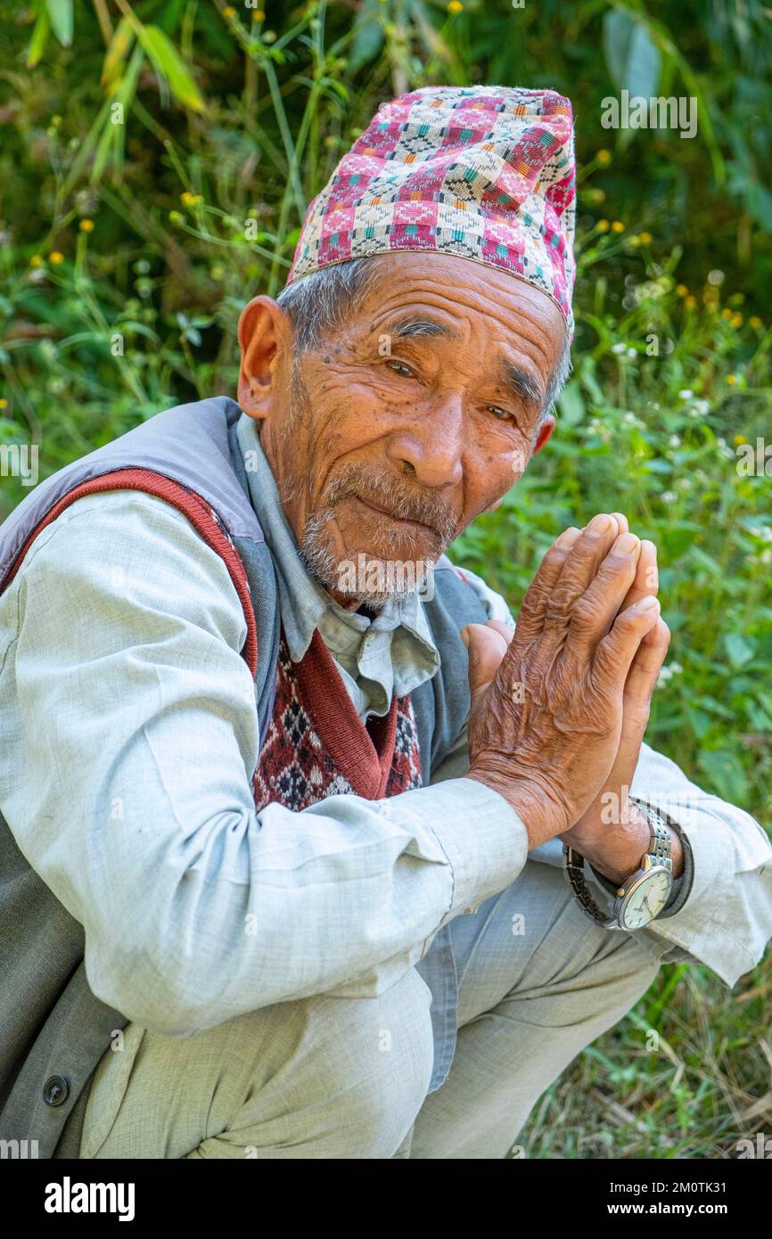 Nepal, Bagmati zone, Nagarkot, Nepalese making the hello sign by ...