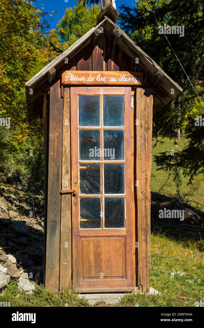 France, Alpes-de-Haute-Provence, Meolans Revel, box of books near the ...