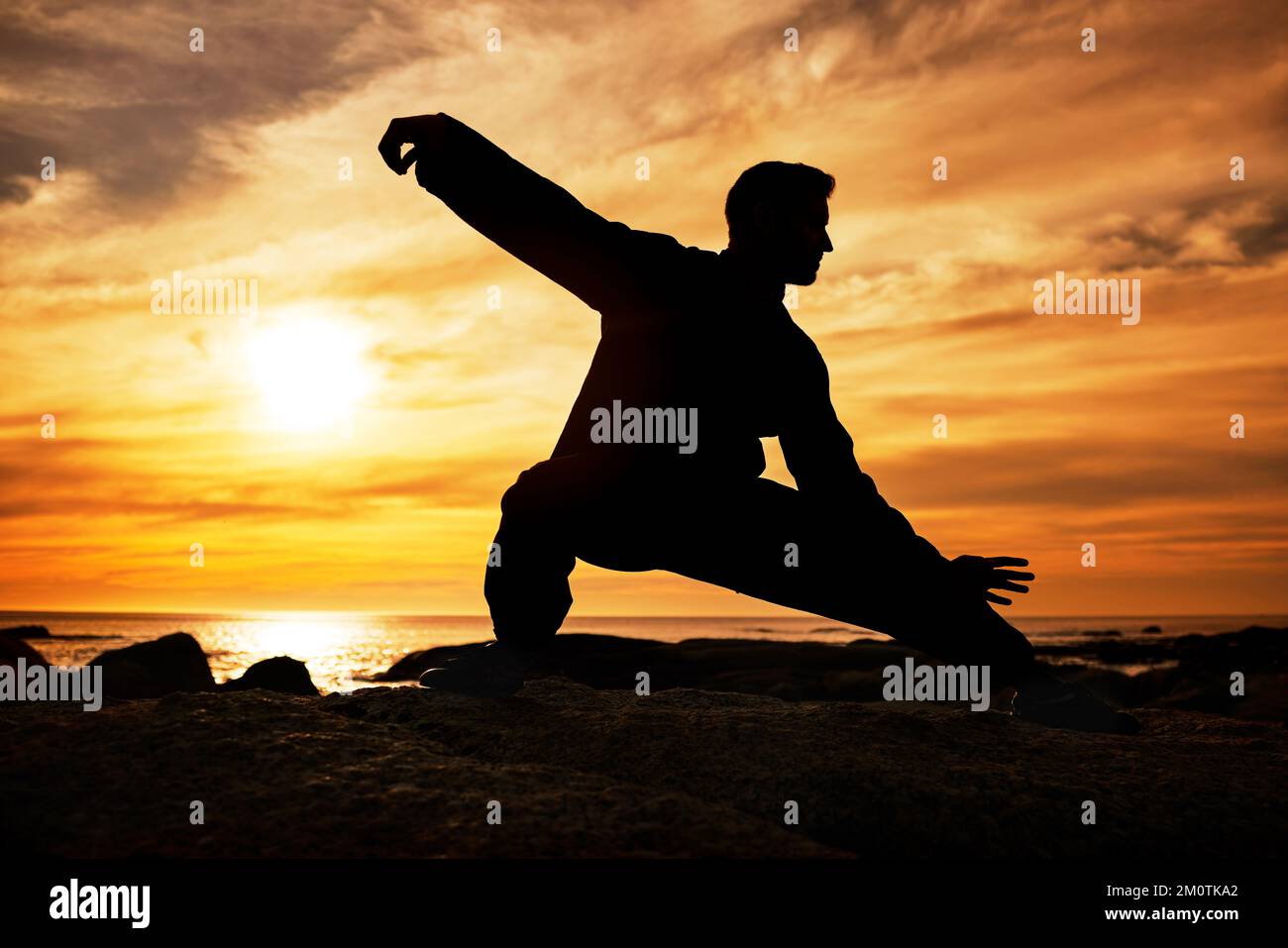 Karate man, silhouette and tai chi with sunset sky on beach horizon for ...