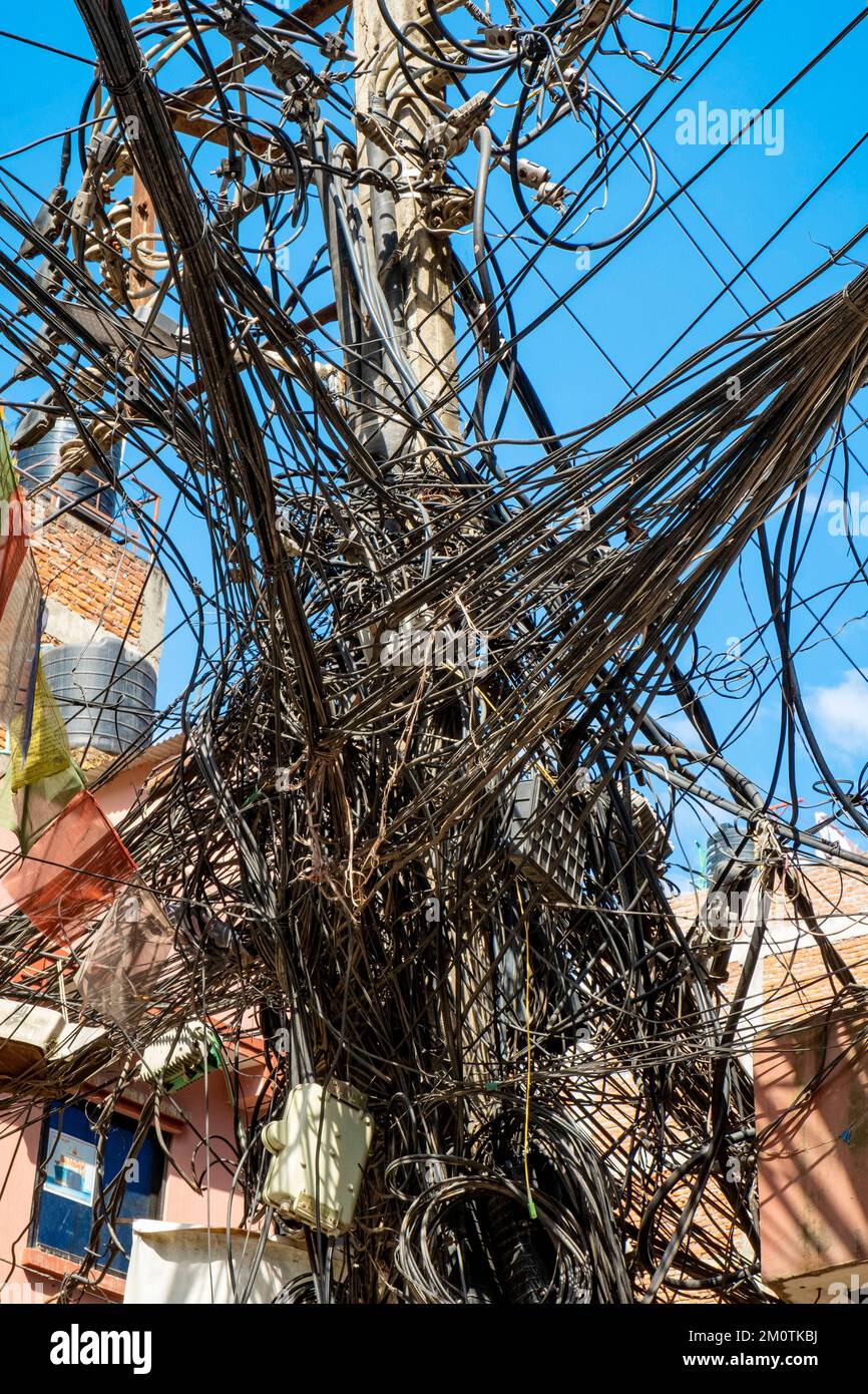 Nepal, Kathmandu, electrical wiring on pylon Stock Photo - Alamy