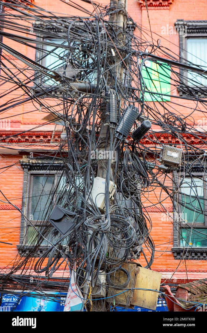 Nepal, Kathmandu, electrical wiring on pylon Stock Photo - Alamy