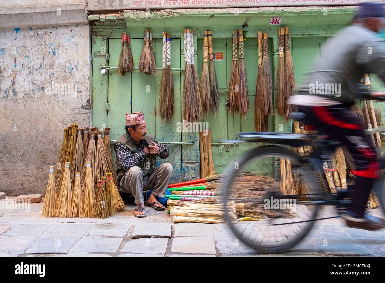 Nepal, Kathmandu, city center near Durbar Square, street vendors set up ...