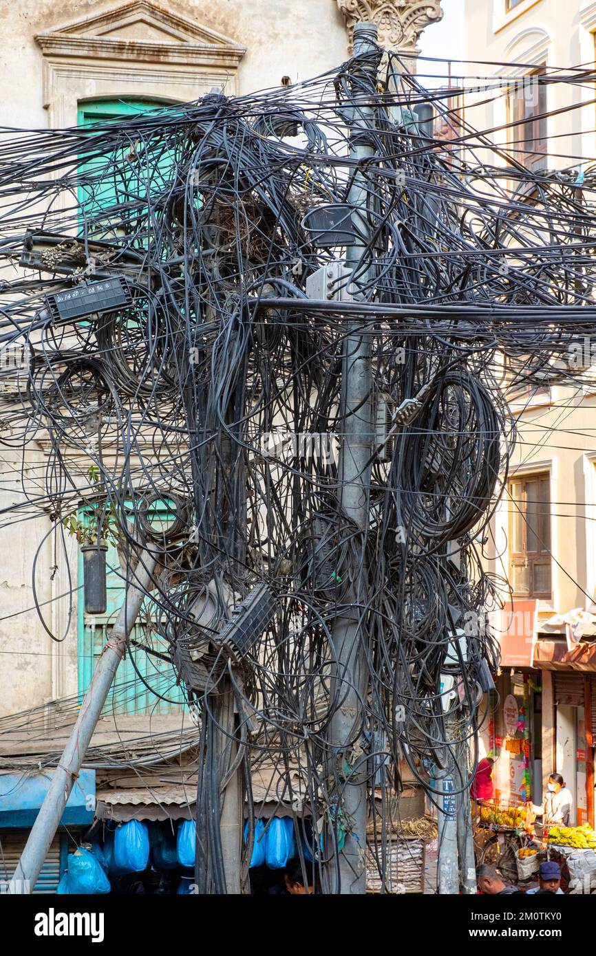 Nepal, Kathmandu, electrical wiring on pylon Stock Photo - Alamy