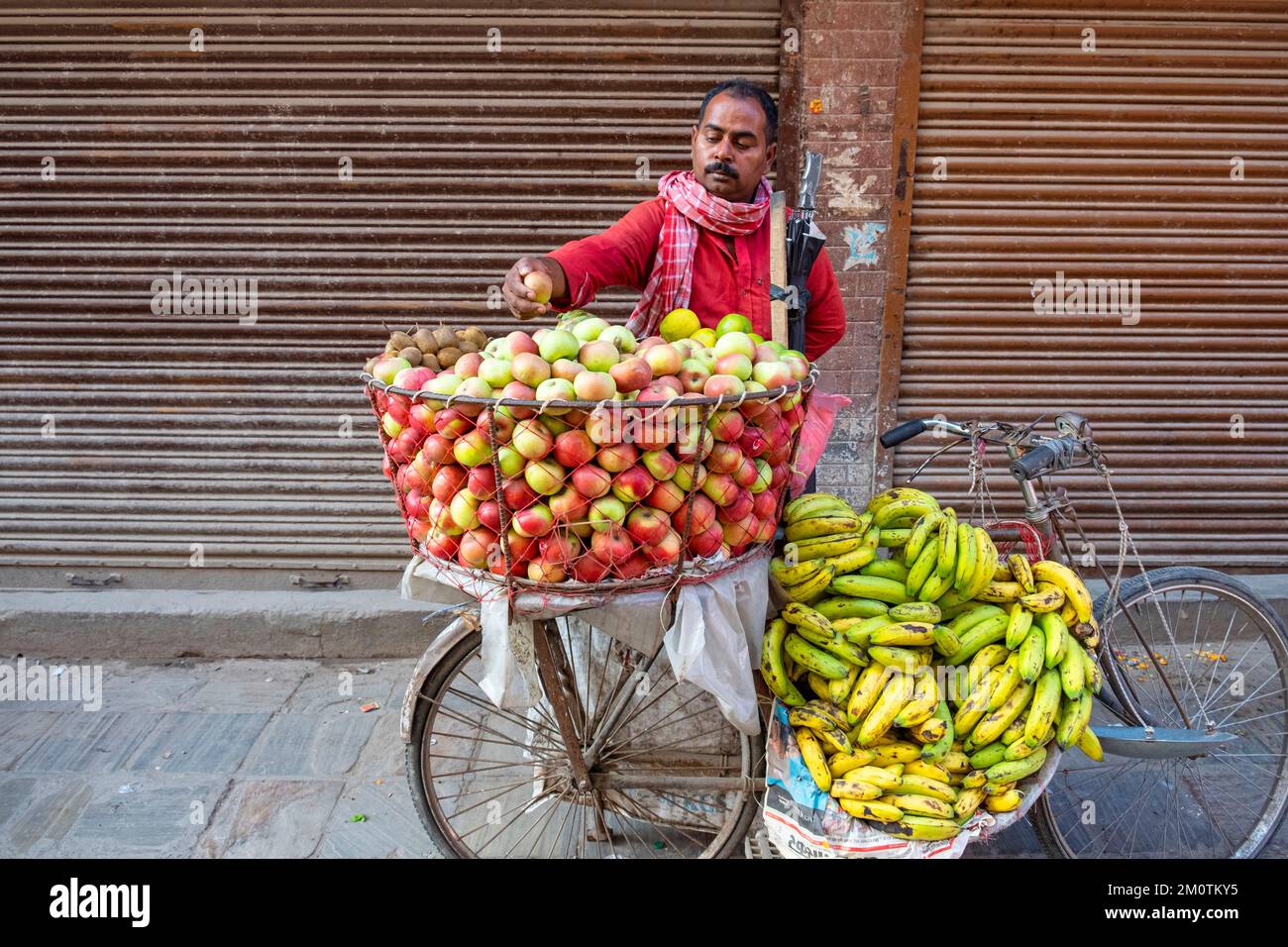 Nepal, Kathmandu, city center near Durbar Square, street vendors set up ...