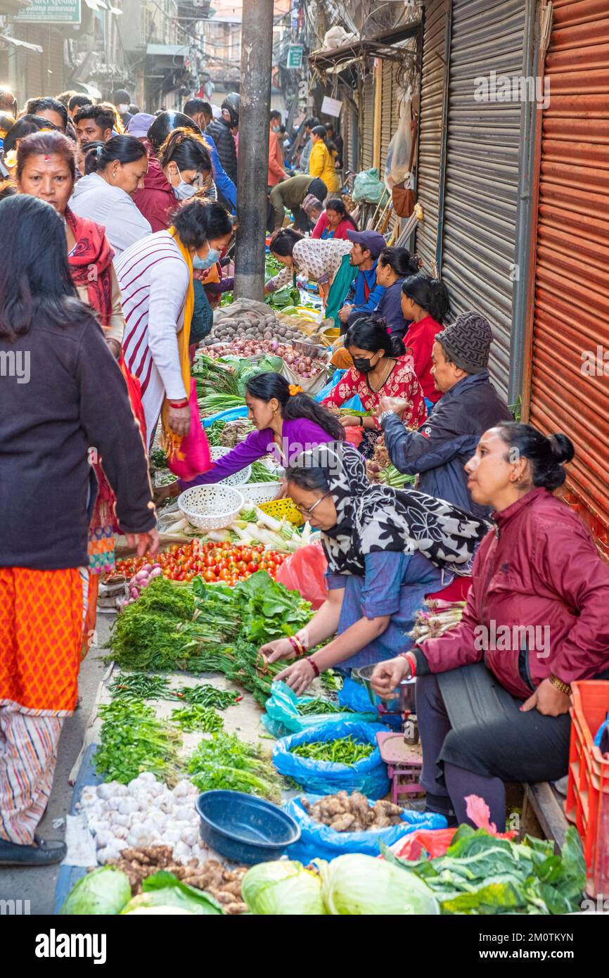 Nepal, Kathmandu, city center near Durbar Square, street vendors set up ...