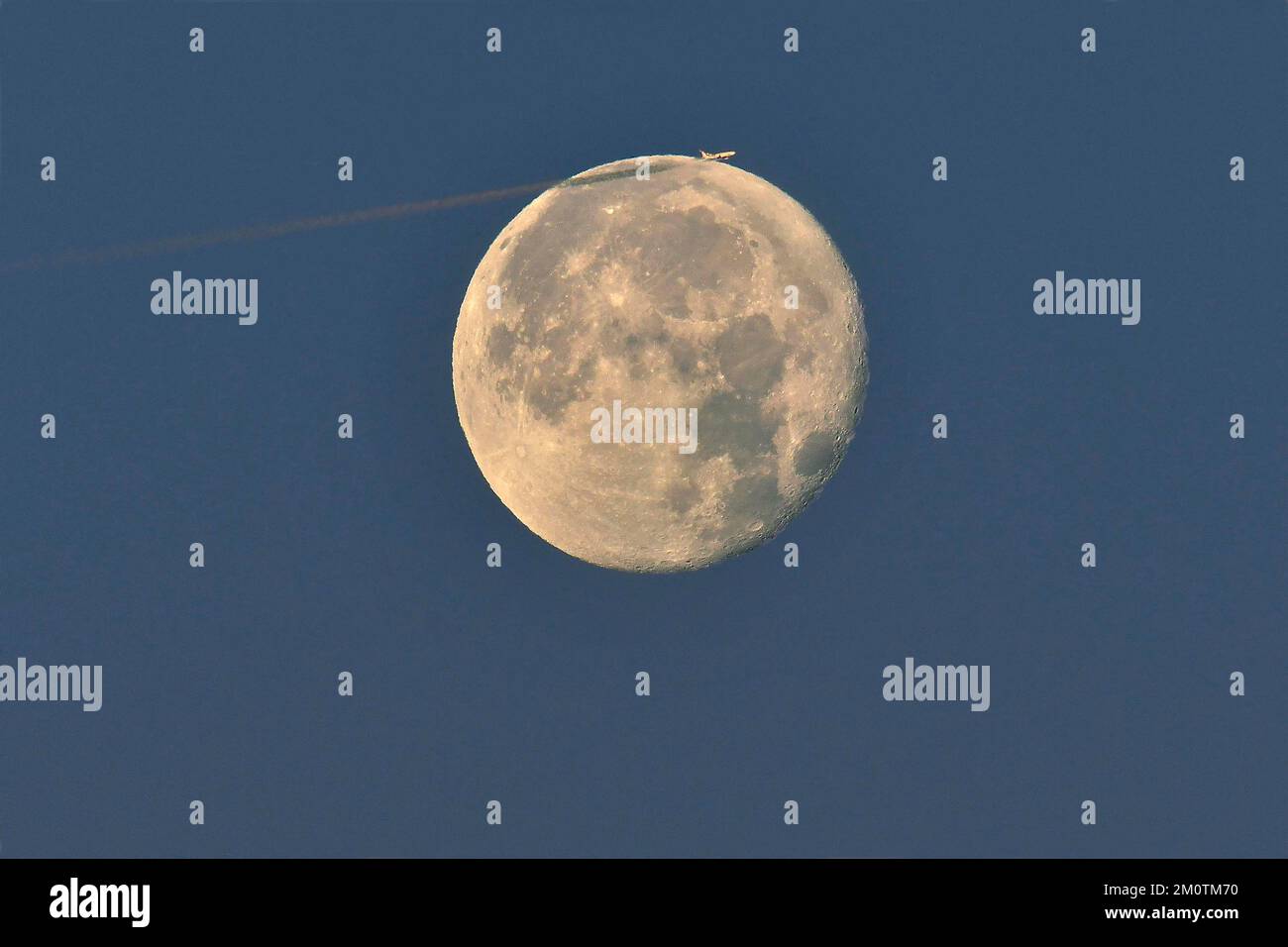 France, Doubs, planet, full moon, plane seeming to graze the moon Stock ...