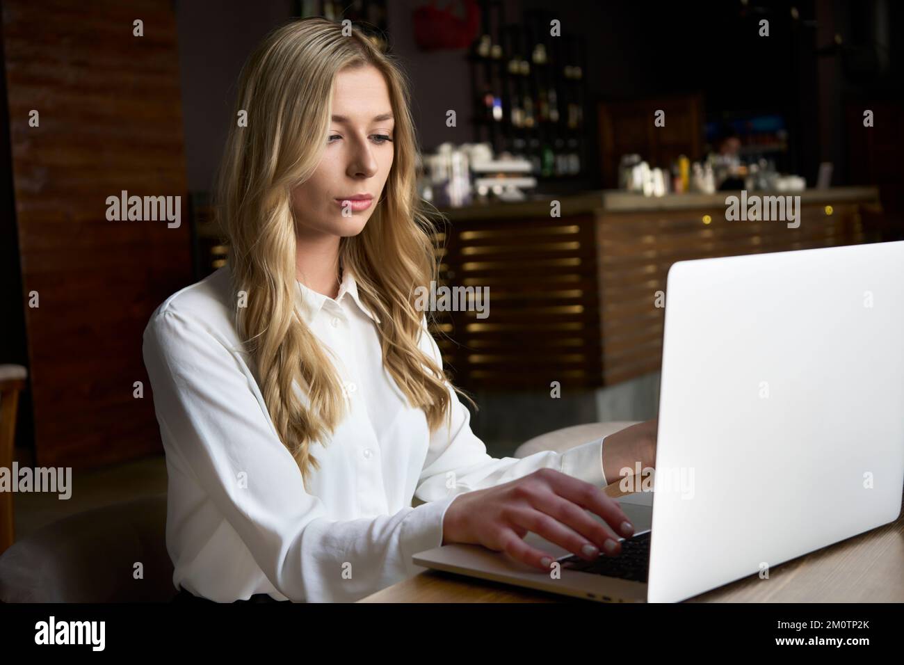 Business woman using computer at workplace in modern cafe. Working for ...