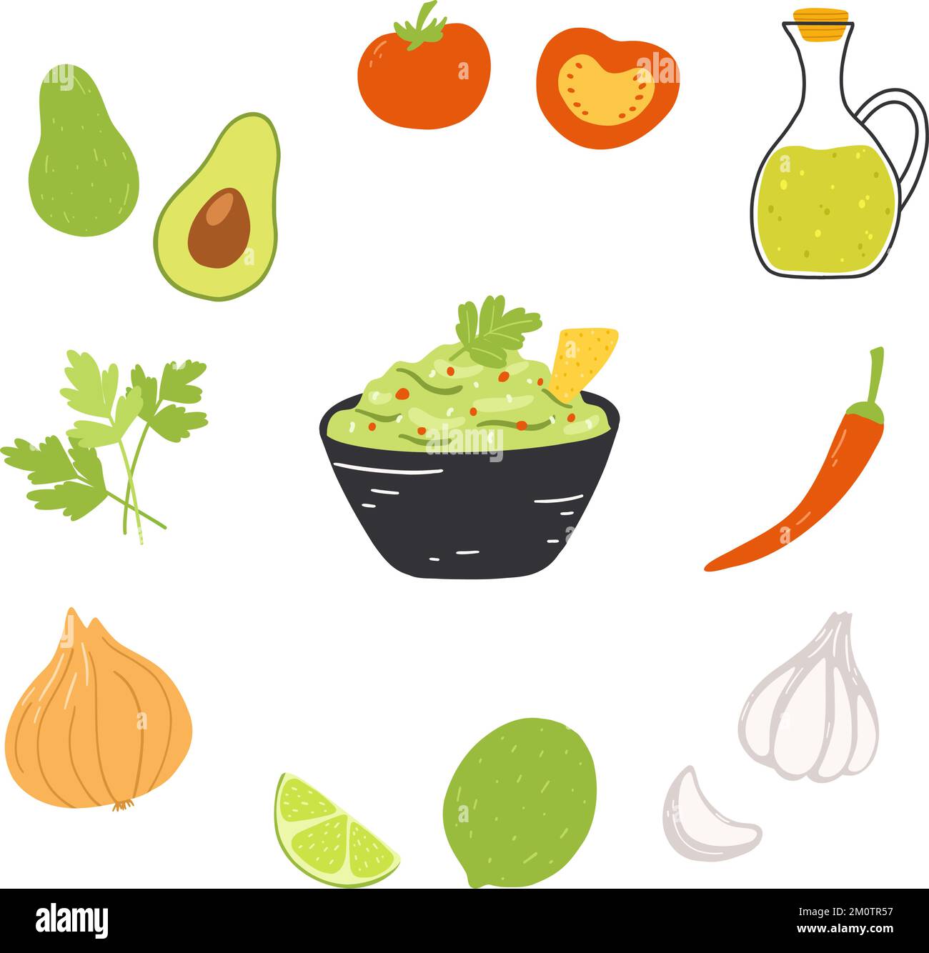 Ingredients for guacamole in cartoon flat style. Hand drawn vector ...