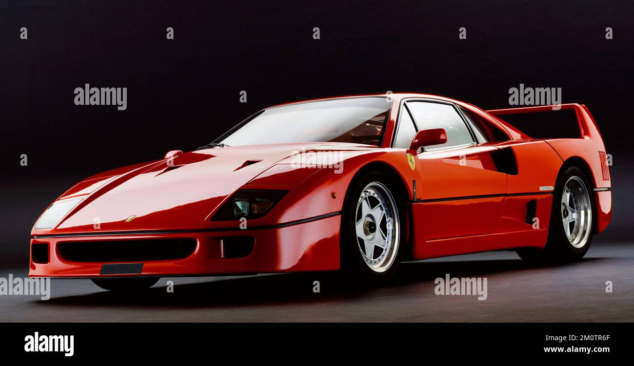 Scanned image of a Ferrari F40 supercar, low, 3/4 front, London, UK ...