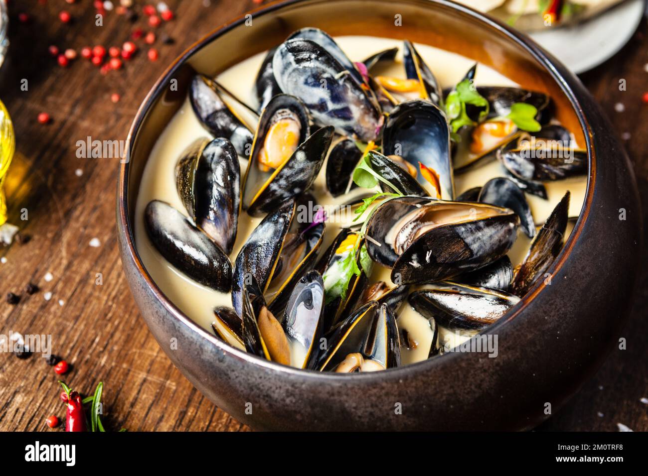 Blue mussels in cream wine sauce. Delicious healthy Italian traditional ...