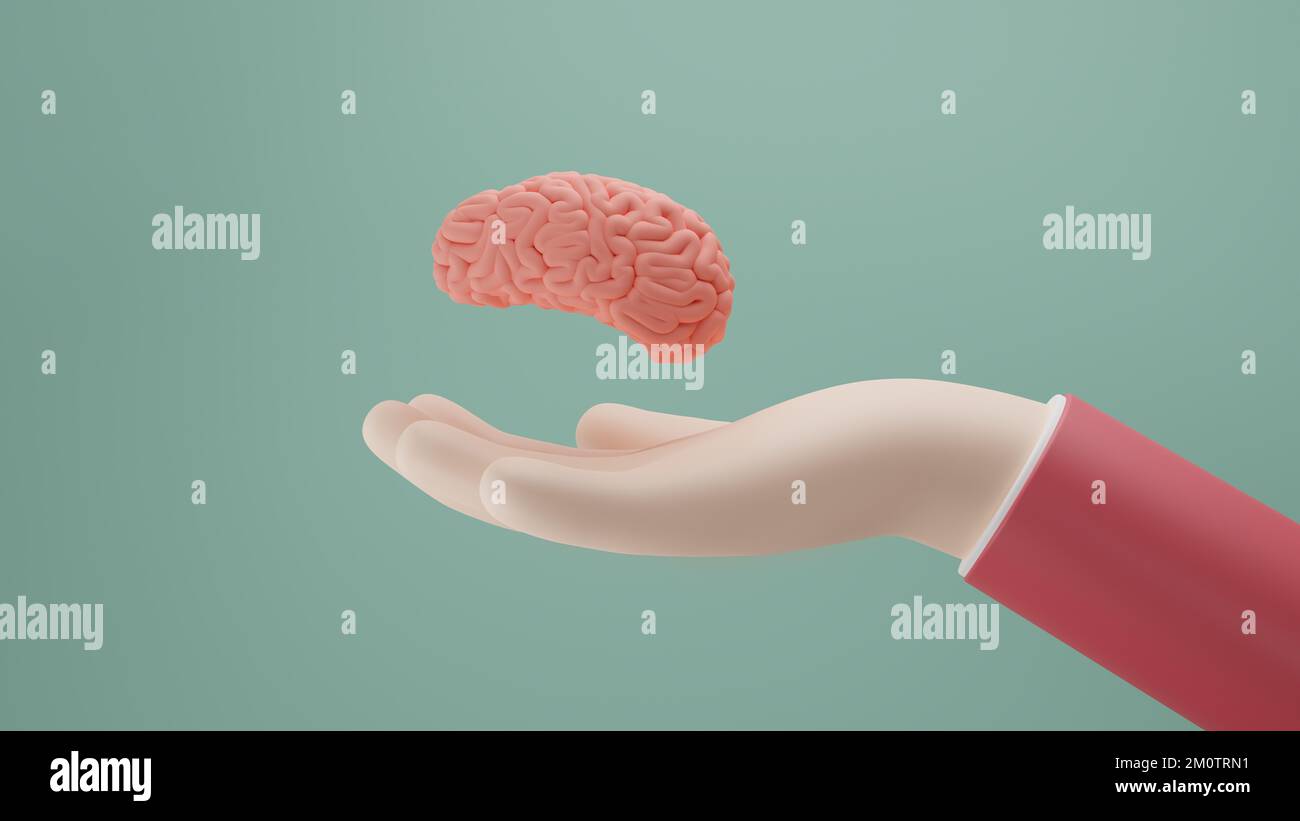 Side view of a palm and a human brain. Human hand holding brain, 3d ...
