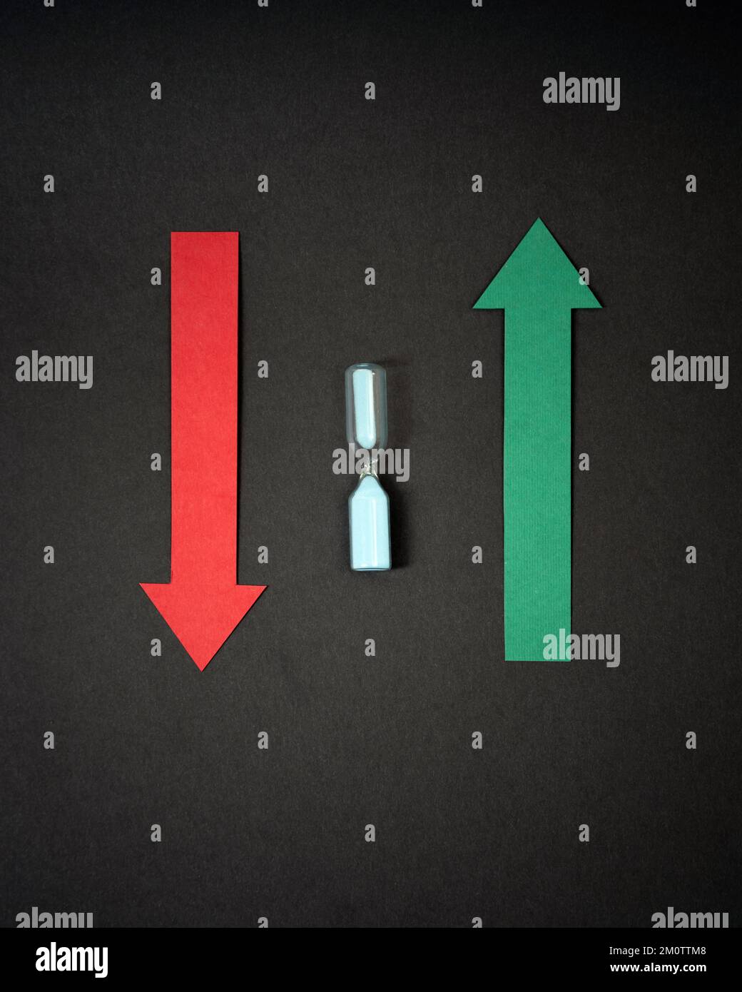 Indecision, contemplation, doubt concept. Up and down arrows with a ...