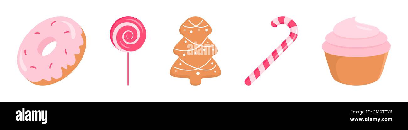 Sweets. Cake, gingerbread, candy cane, swirl lollipop and donut. Vector ...
