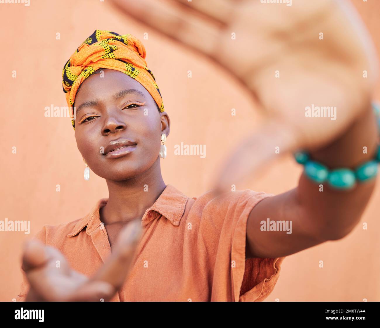 Black Woman Face Portrait And Hands Frame For Fashion Aesthetic African Culture And Turban In