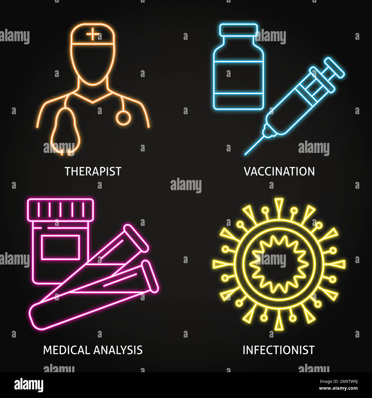 Vaccination and infections neon icon set. Doctor, medical analysis ...