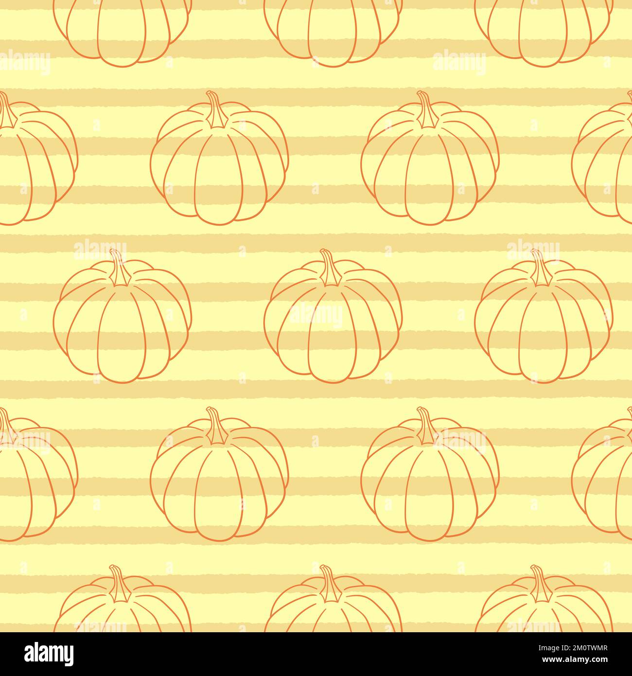 Hand-drawn pumpkins line art vector seamless pattern on yellow striped ...