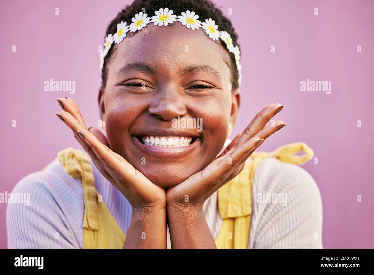 Happy, gen z and black woman student portrait with hippie daisy ...