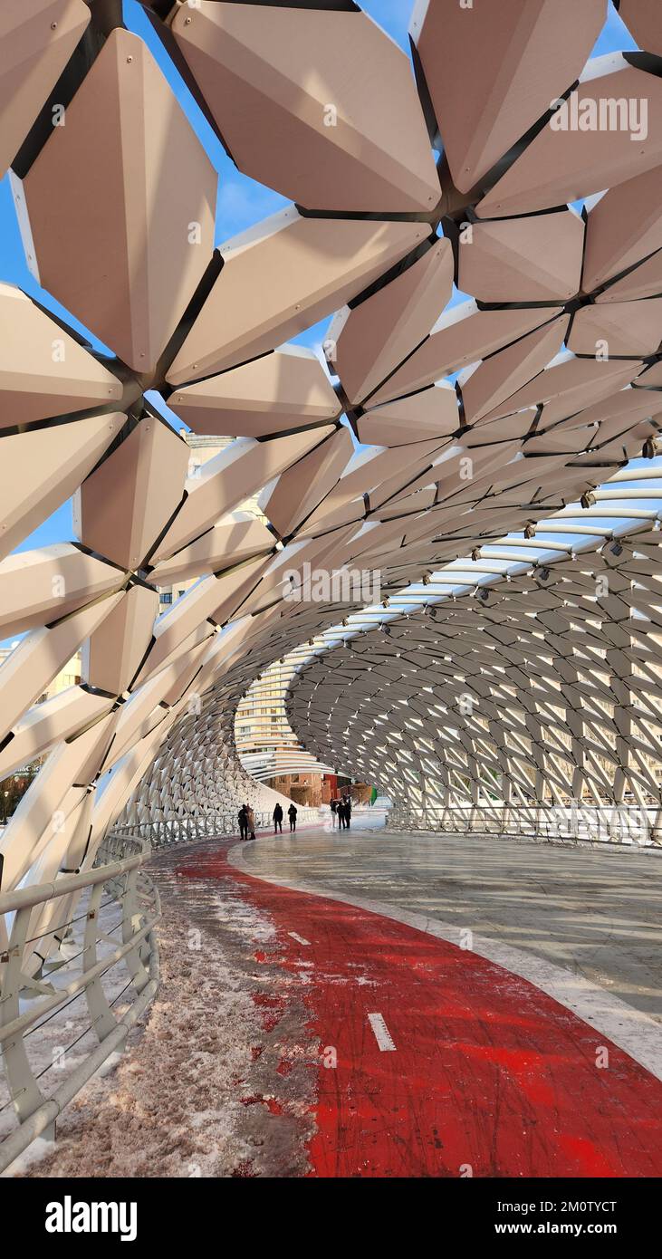 Modern architectural urbanistic Atyrau fish bridge across Ishim river ...