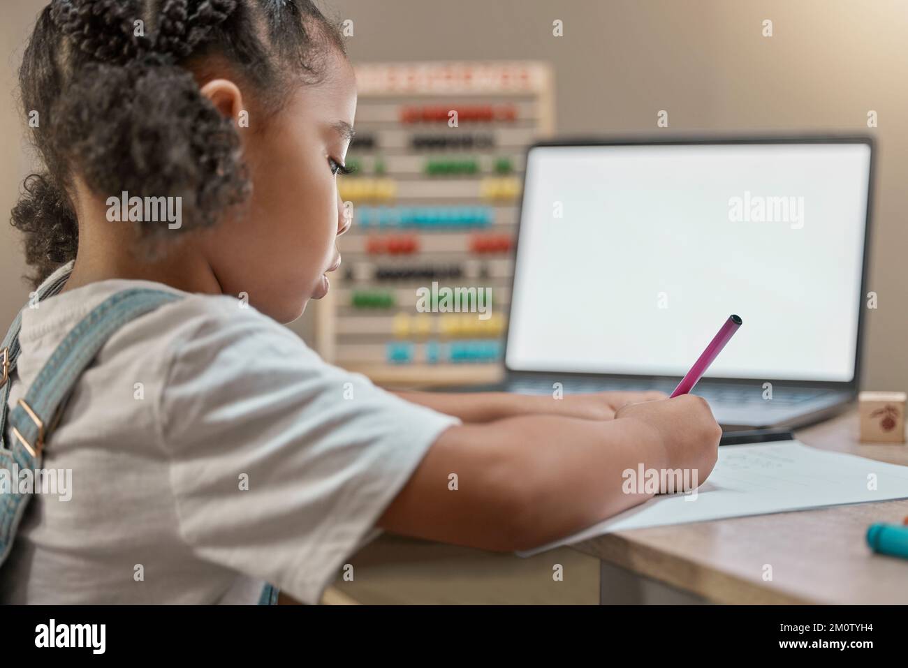 Laptop mockup, online education and elearning with kid, girl and ...