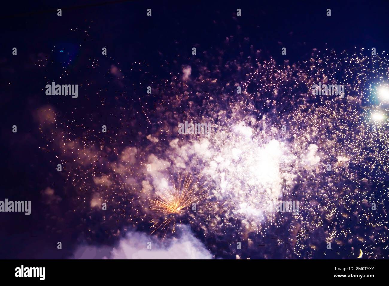 Bright, pink fireworks against the background of the night sky. High ...