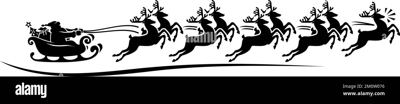 Team of nine reindeer is carrying Santa sleigh. Rudolph red nose lights ...