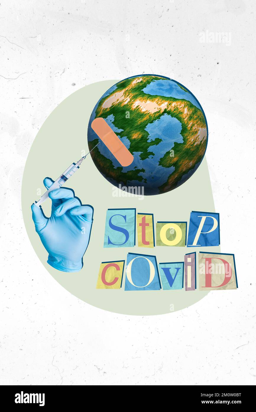 Vertical collage picture of hand hold syringe medical patch planet ...