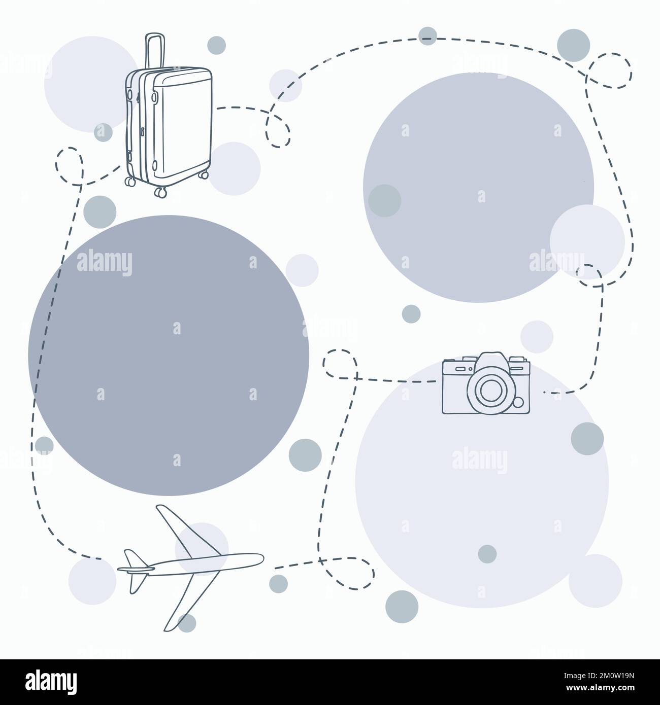 Travel square background with a suitcase, a camera, and a plane Stock ...