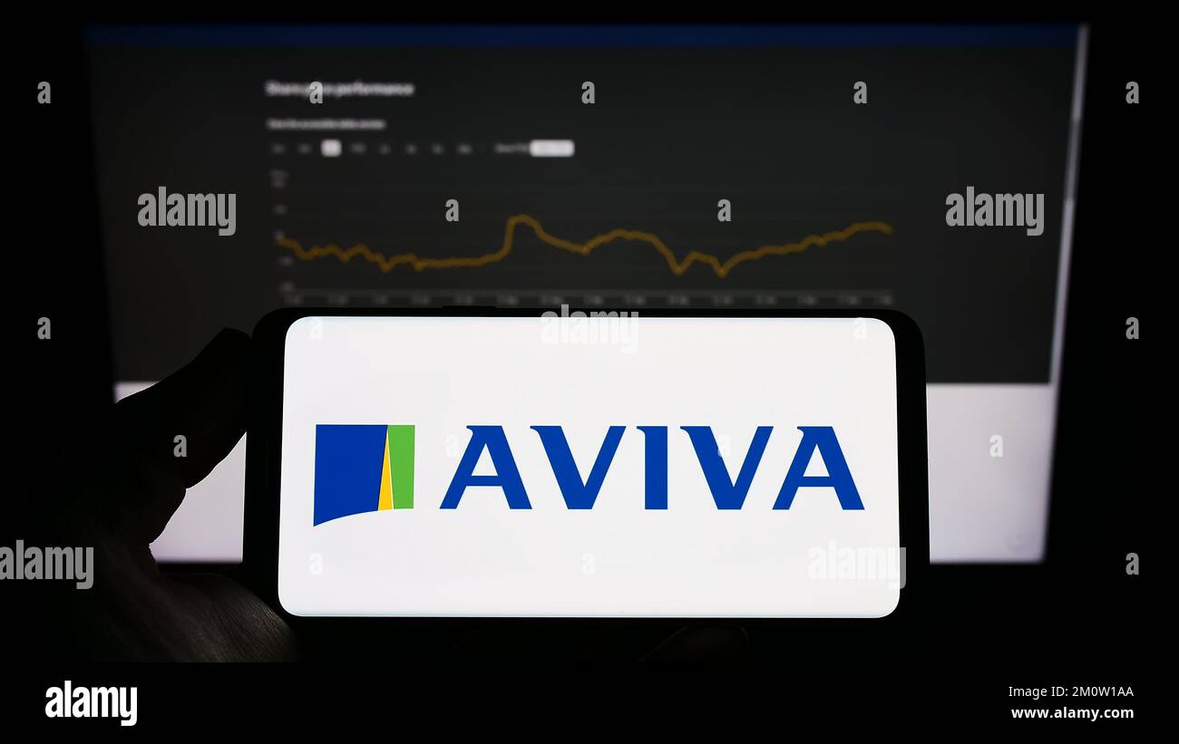 Person holding mobile phone with logo of British insurance company Aviva plc on screen in front ...