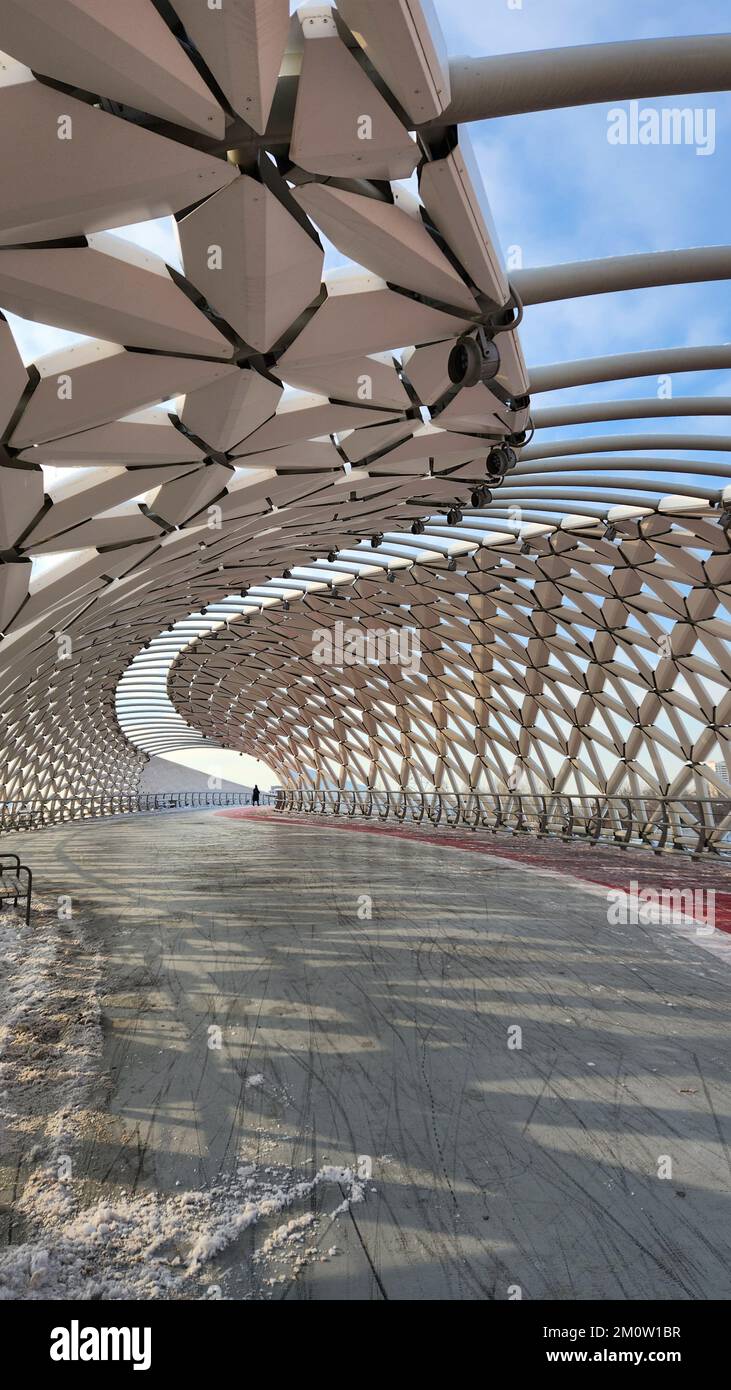 Modern architectural urbanistic Atyrau fish bridge across Ishim river ...