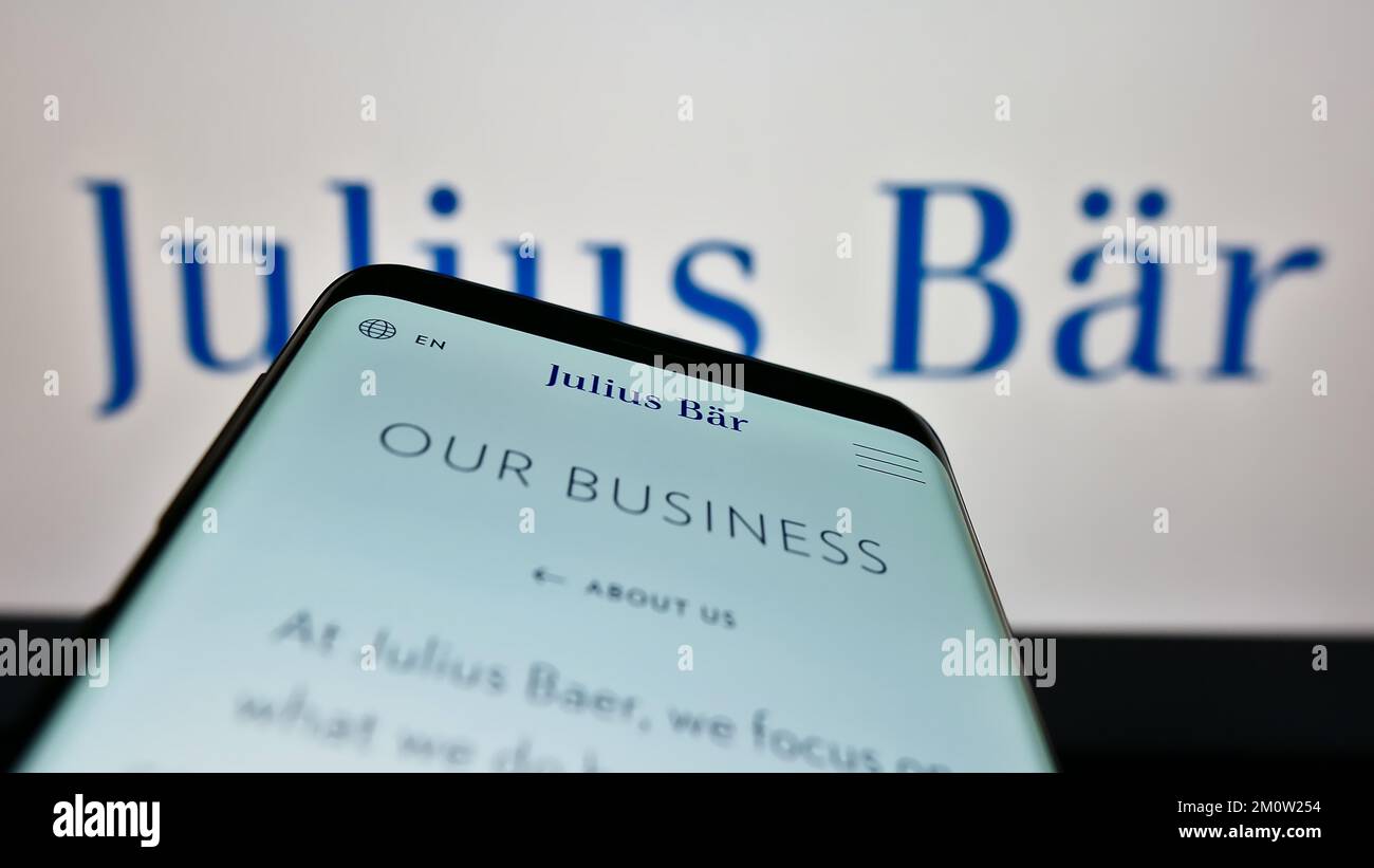 Mobile phone with webpage of Swiss banking company Julius Baer Group AG ...