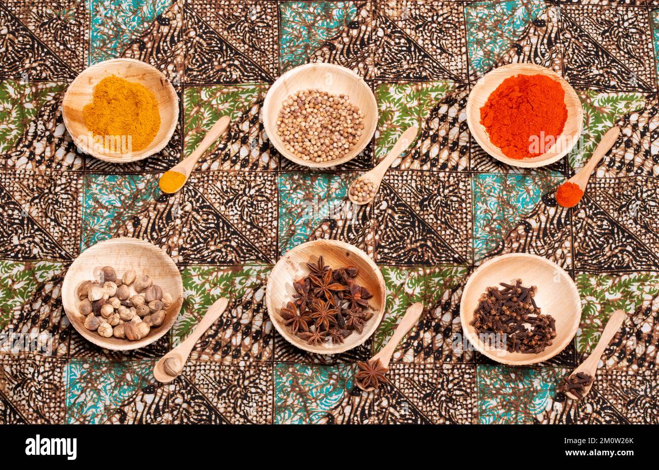 Asian spices, seasonings, and condiment on a table cloth Stock Photo ...