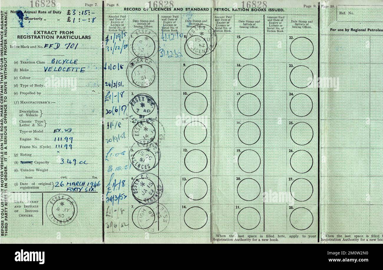 Vehicle Registration Log Book England UK 1950 Stock Photo - Alamy