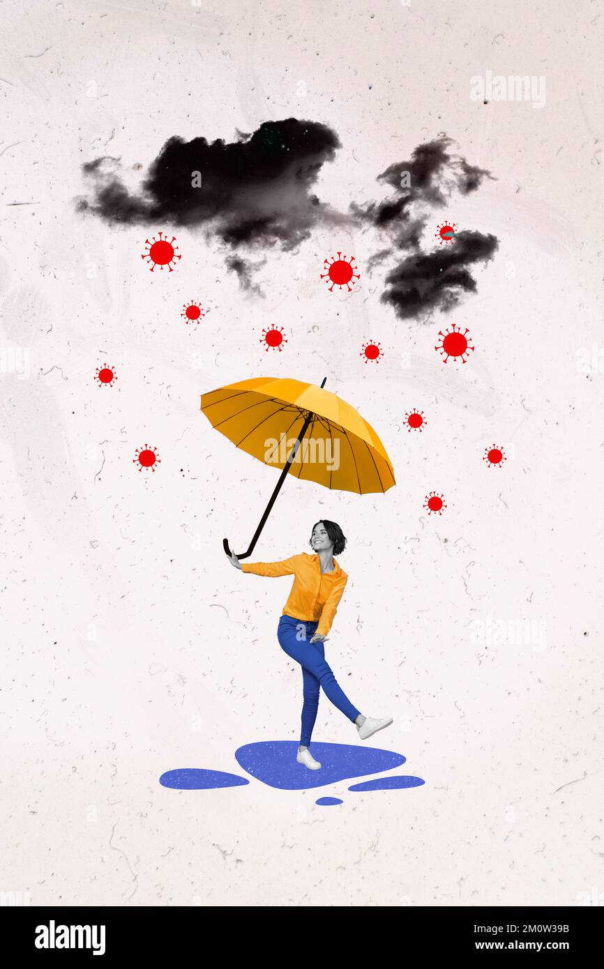Vertical collage illustration of excited cheerful girl hold umbrella ...