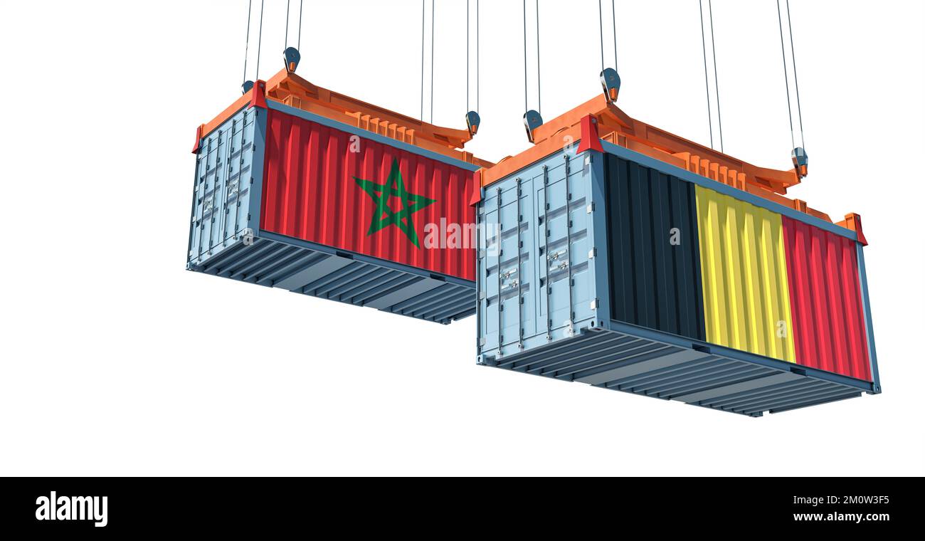 Cargo containers with Belgium and Morocco national flags. 3D Rendering ...