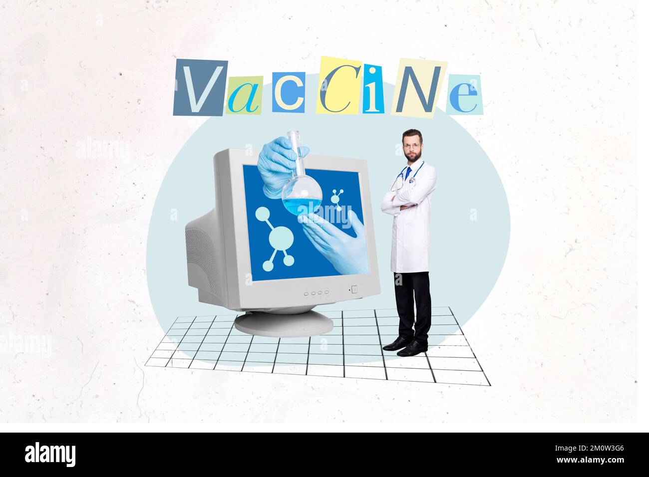 Creative collage picture of confident mini doctor crossed arms retro pc ...